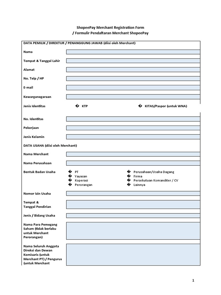 ShopeePay Merchant Registration Form | PDF