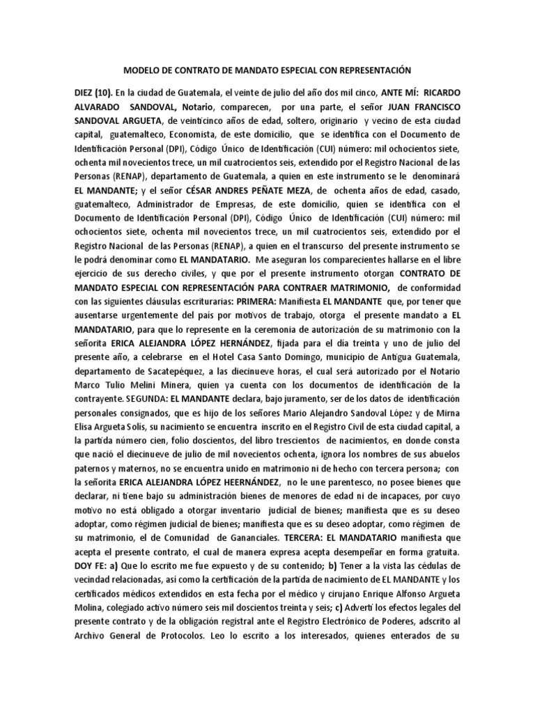 MODELO DE CONTRATO DE MANDATO ESPECIAL CON REPRESENTACIÓN | PDF ...