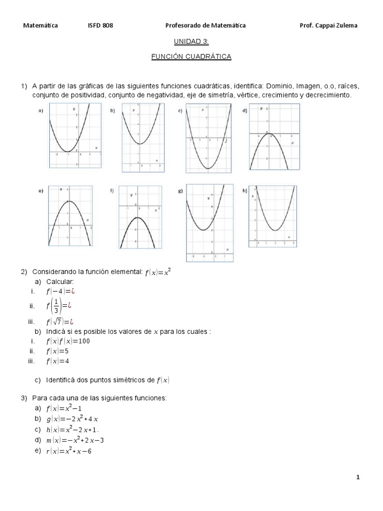 UNIDAD 3 Funcion Cuadratica Practica | PDF | Ecuación cuadrática | Funciones y mapeos