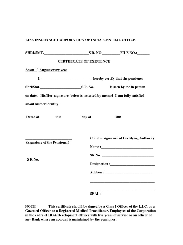 LIC Certificate of Existence Form | PDF