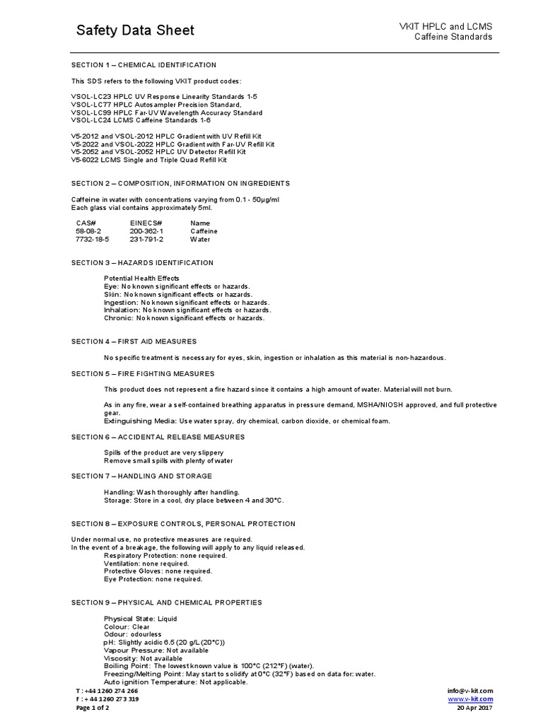 SDS VKIT HPLC and LCMS Caffeine Standards PDF | PDF | Ultraviolet | Water