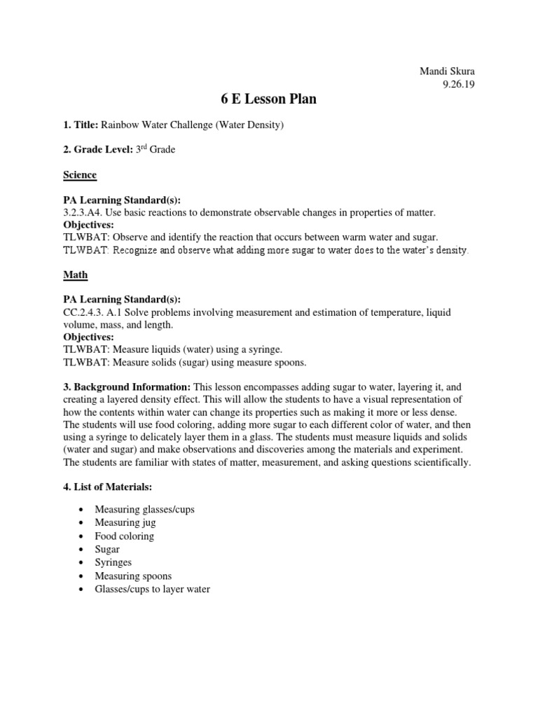 Real 6e Lesson Plan Water Density | PDF | Density | Experiment