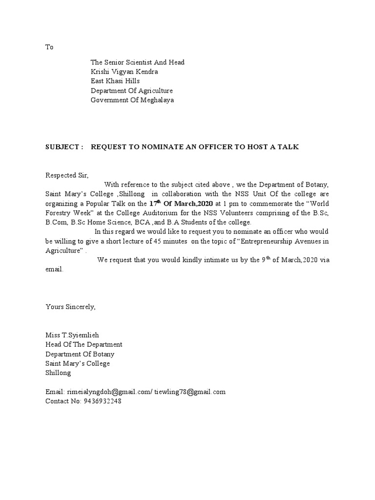 Template Formal Letter To Request For Nomination of Individual To Host ...