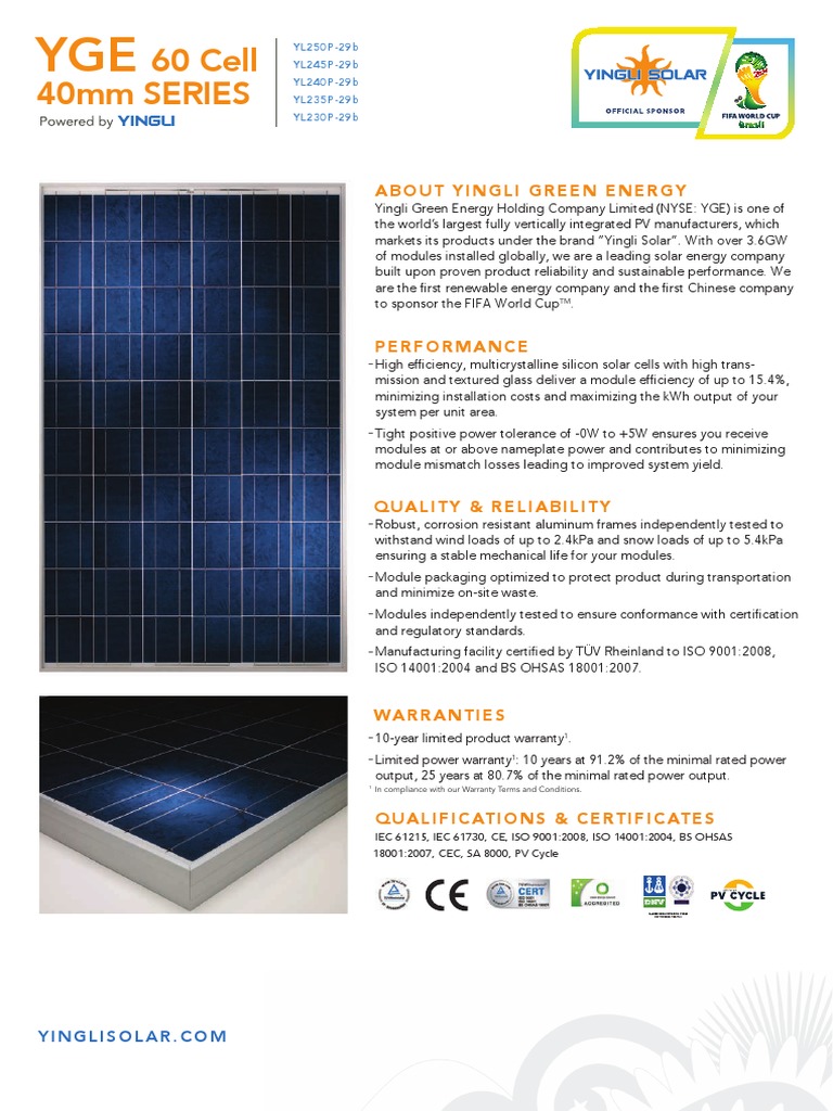 Yingli-Solar-Data-Sheet Caracteristicas | PDF | Renewable Energy | Sustainable Energy