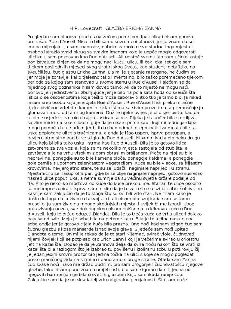 H.P.Lovecraft - GLAZBA ERICHA ZANNA | PDF