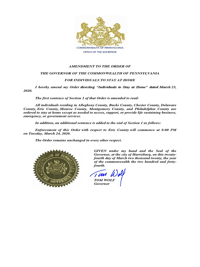 Pennsylvania Stay-at-Home Order 2020 | PDF | Pennsylvania | Centers For ...