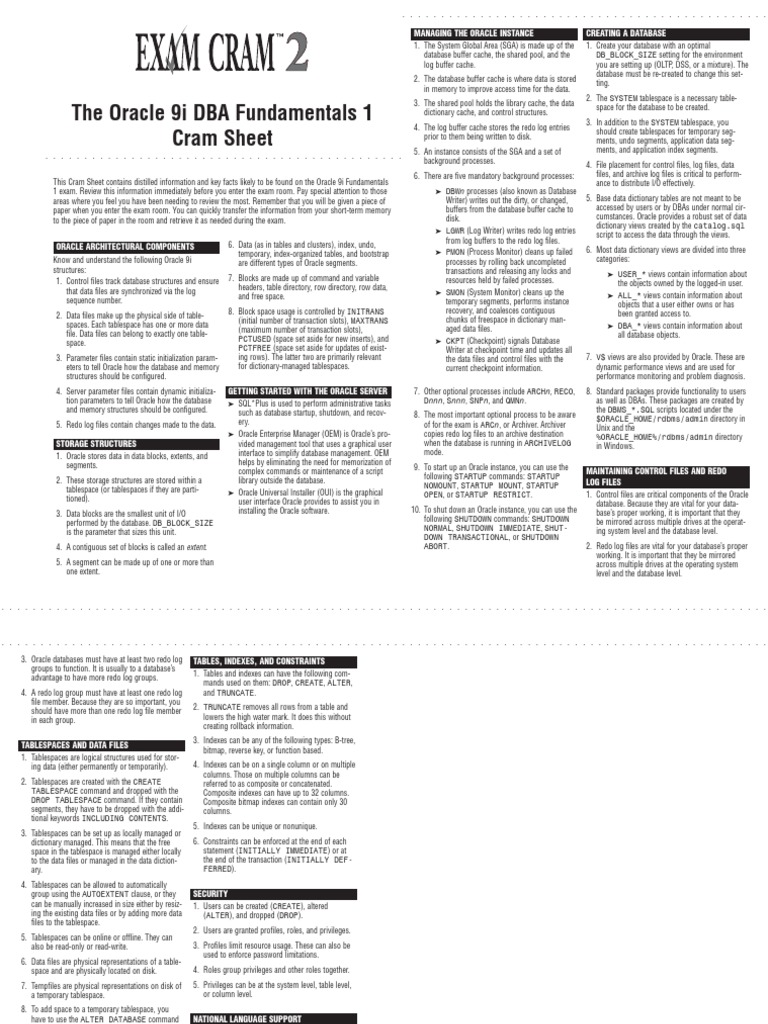 The Oracle 9i DBA Fundamentals 1 Cram Sheet | Download Free PDF | Oracle Database | Databases