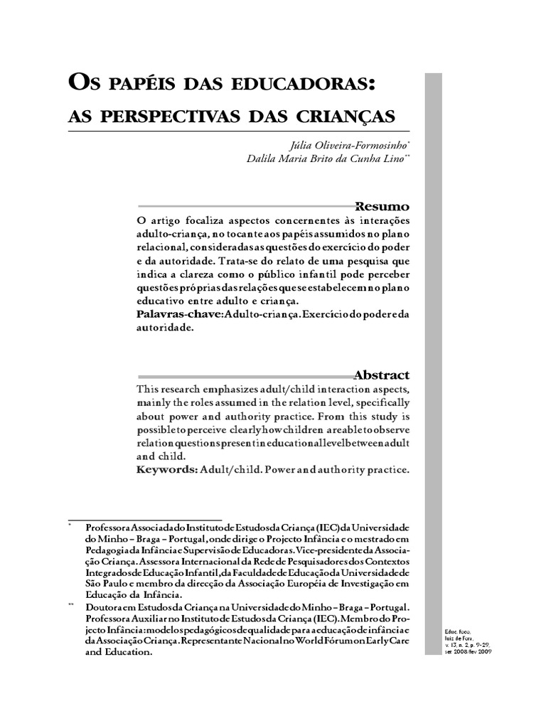 OS PAPÉIS DAS EDUCADORAS - Formosinho | PDF | Aprendizado | Pedagogia