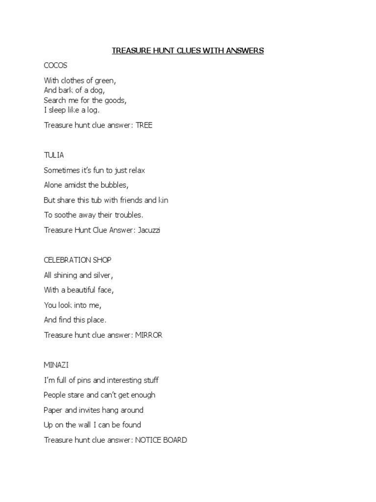 Treasure Hunt Clues With Answers | PDF