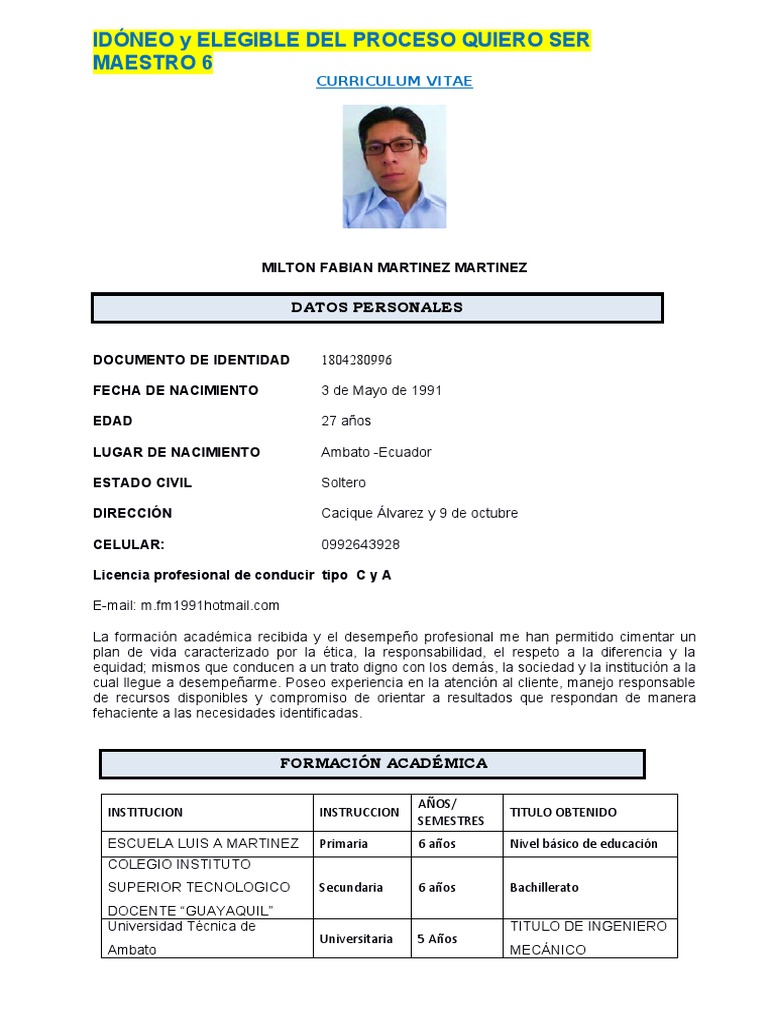 Curriculum vitae de Milton Fabian Martinez Martinez, ingeniero mecánico con experiencia docente ...