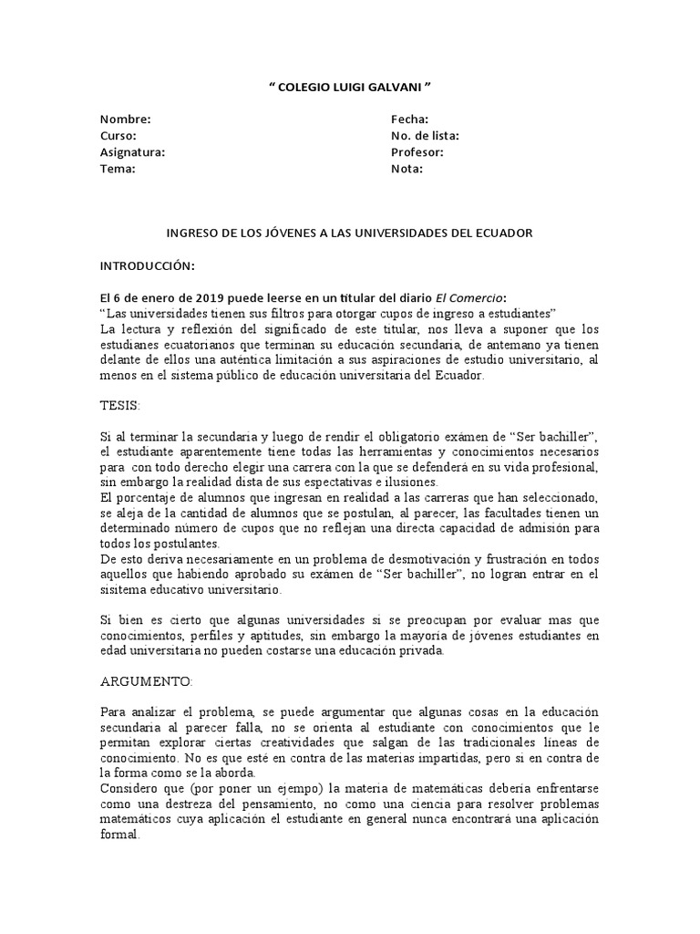 Ensayo Entrada Universidades | PDF | Educación Secundaria | Ecuador