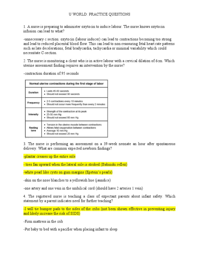 U World Practice Questions | PDF | Childbirth | Motherhood