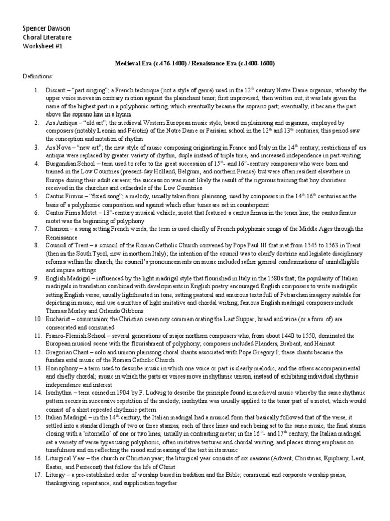 Medieval and Renaissance Era (Worksheet #1) | PDF | Gregorian Chant ...