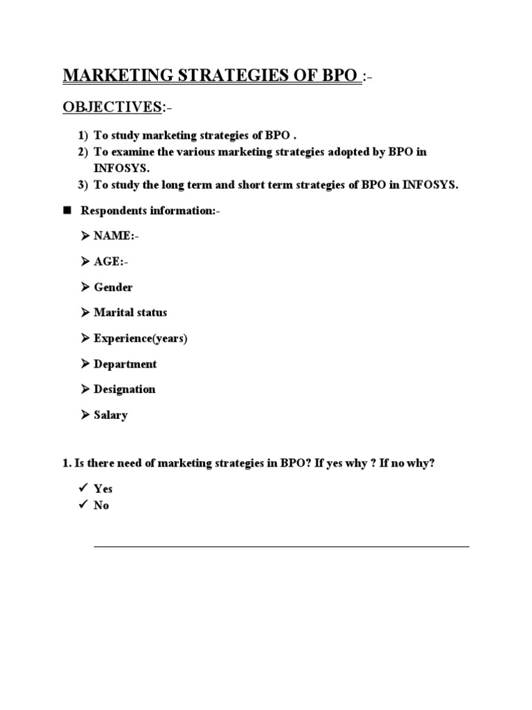Questionnaire Marketing Strategies of Bpo | PDF | Marketing Strategy ...