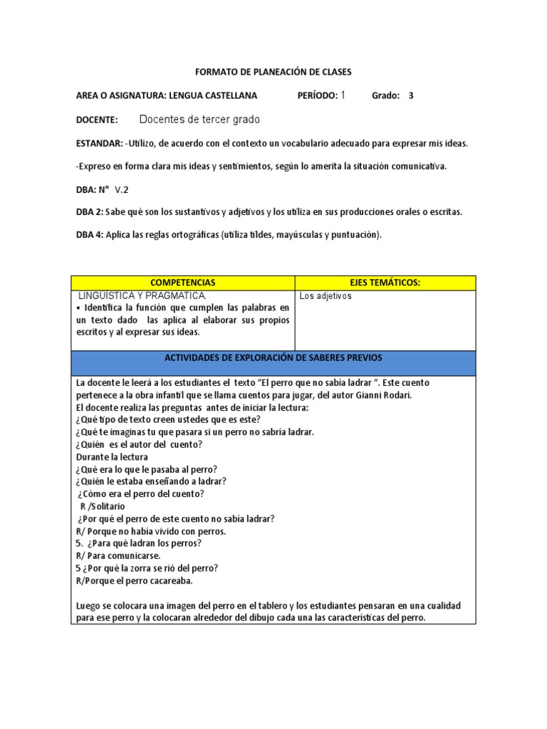 Plan de Clase: Adjetivos 3er Grado | PDF