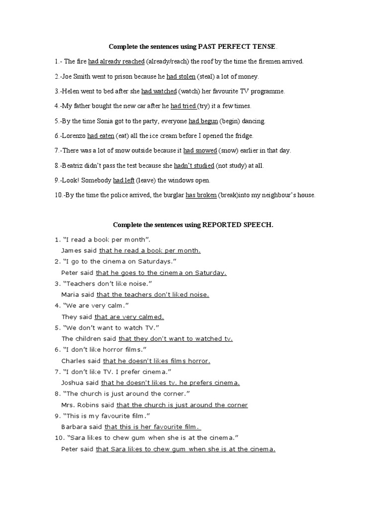 Past Perfect in Reported Speech Exercises | PDF