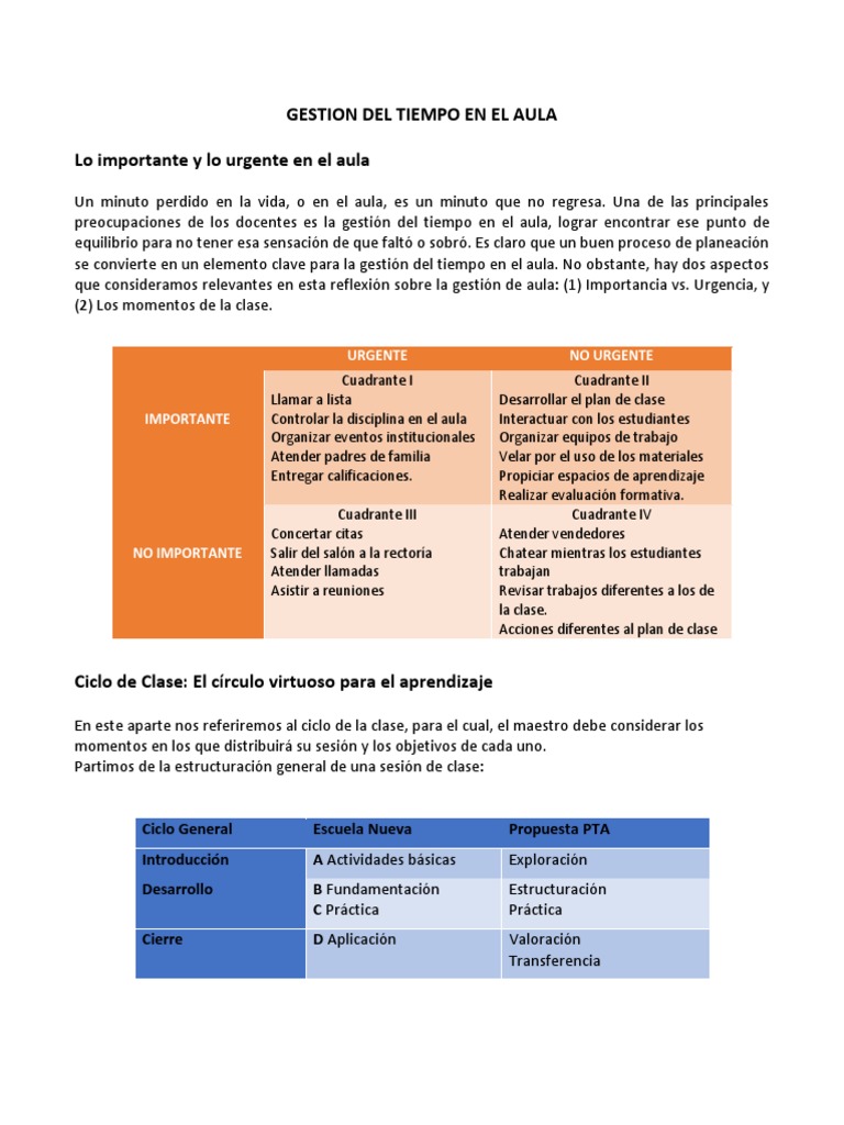 Gestion Del Tiempo en El Aula | PDF | Salón de clases | Maestros