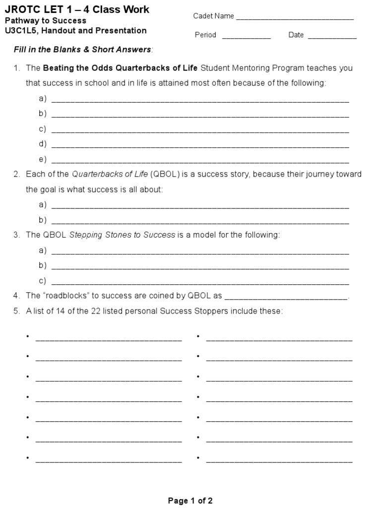 JROTC Success Strategies Worksheet | PDF | Philosophical Theories