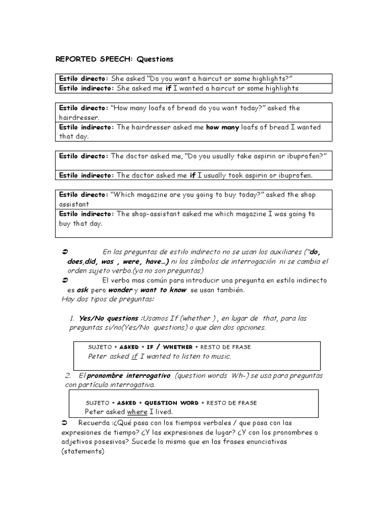 REPORTED SPEECH Questions Order Commands and Exercises | PDF | Verbo ...