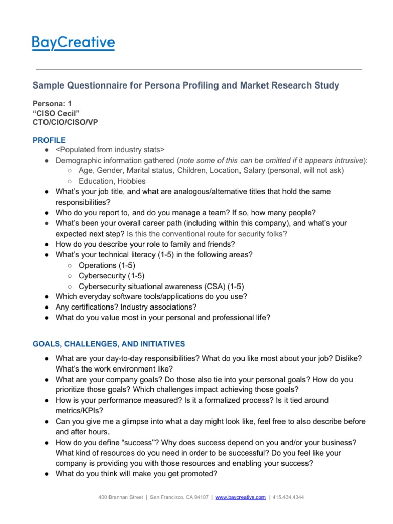 Sample Questionnaire For Persona Profiling and Market Research Study ...