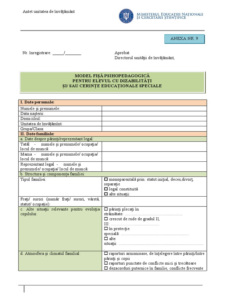 Model-Anexa - 9 - Fisa Psihopedagogica Lege | PDF