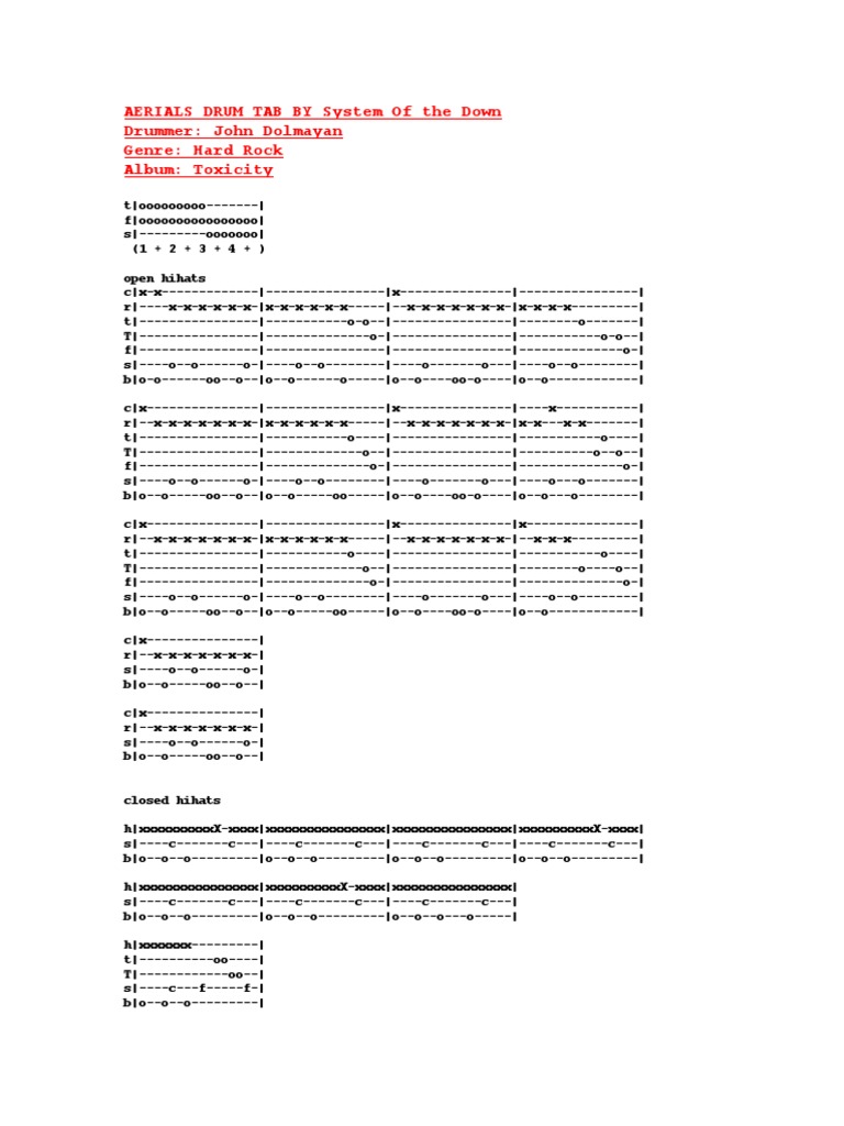 Aerials by System of A Down. Drum Tab | PDF | Progressive Rock | Drumming
