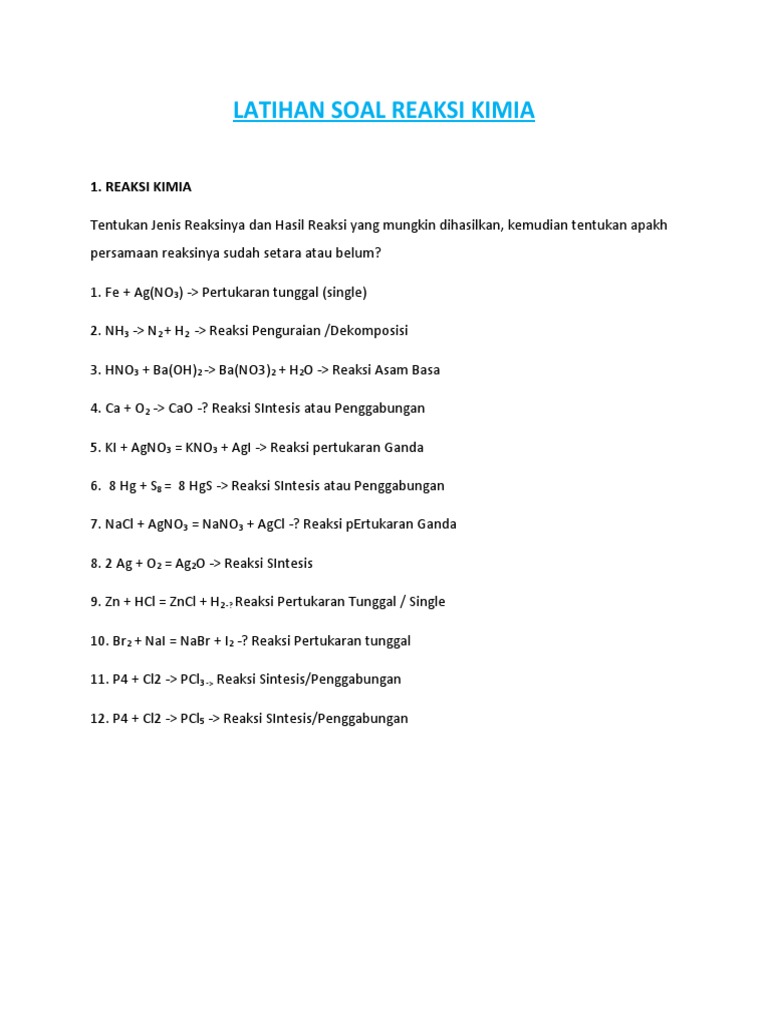Latihan Soal Reaksi Kimia | PDF