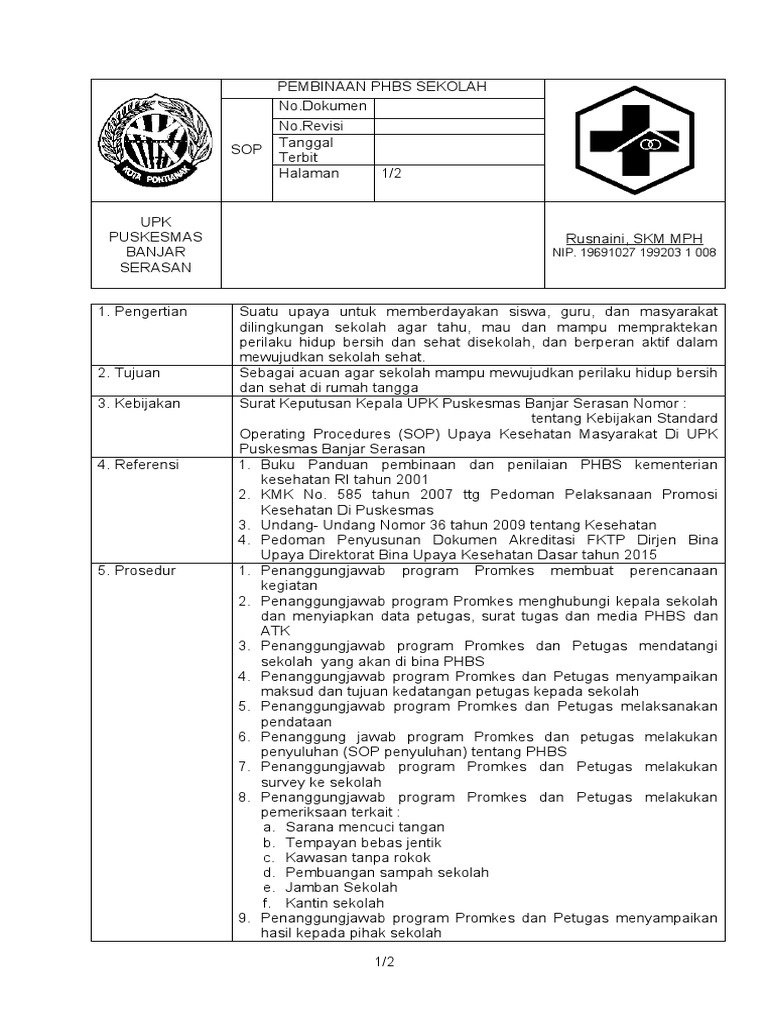 Sop Pembinaan PHBS Sekolah | PDF