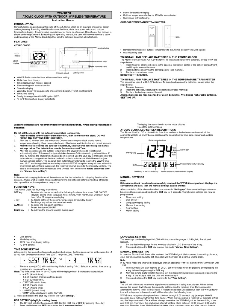 Atomic Clock Instructions Manual | PDF | Clock | Daylight Saving Time
