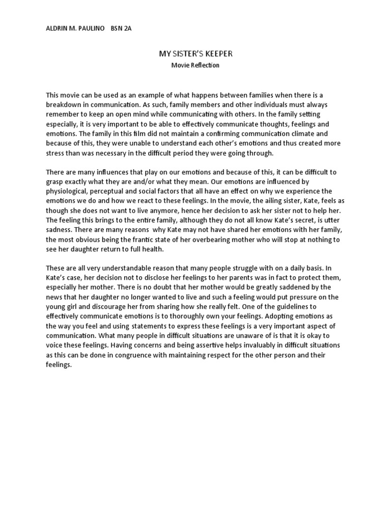 My Sister's Keeper-Movie Reflection | PDF