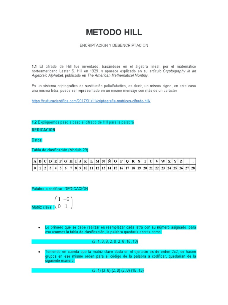 Método de Hill: Encriptación y Desencriptación | PDF | Criptografía ...