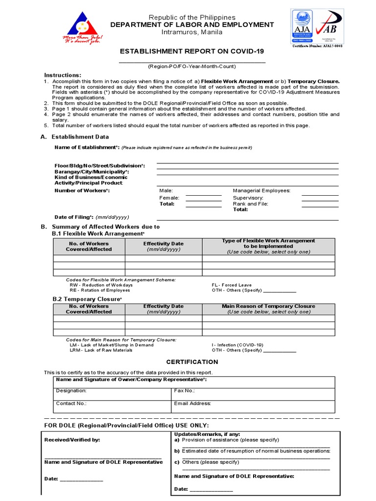 Establishment Reporting on COVID-19 and List of Affected Workers ...