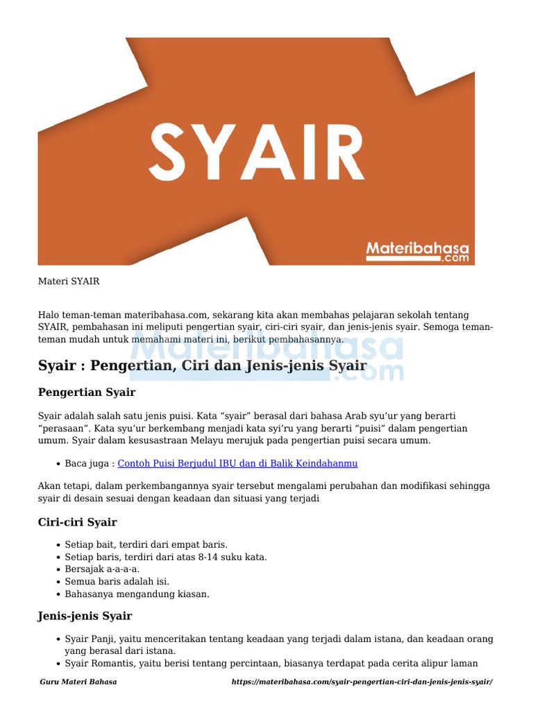 Syair Pengertian Ciri Dan Jenis Jenis Syair PDF | PDF | Puisi