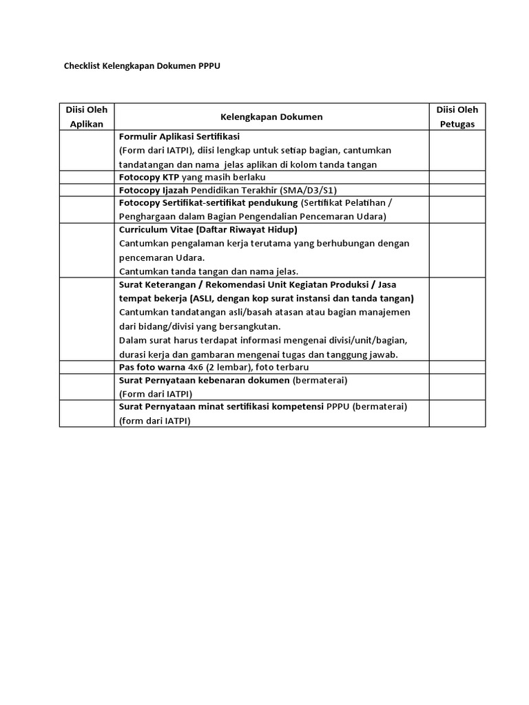 Checklist Kelengkapan Dokumen-PPPU | PDF