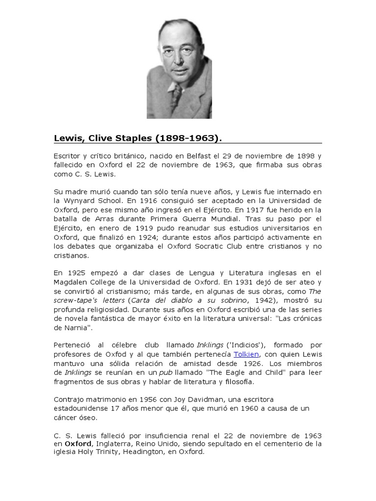 Biografia de Lewis | PDF | Las cronicas de Narnia | C. S. Lewis