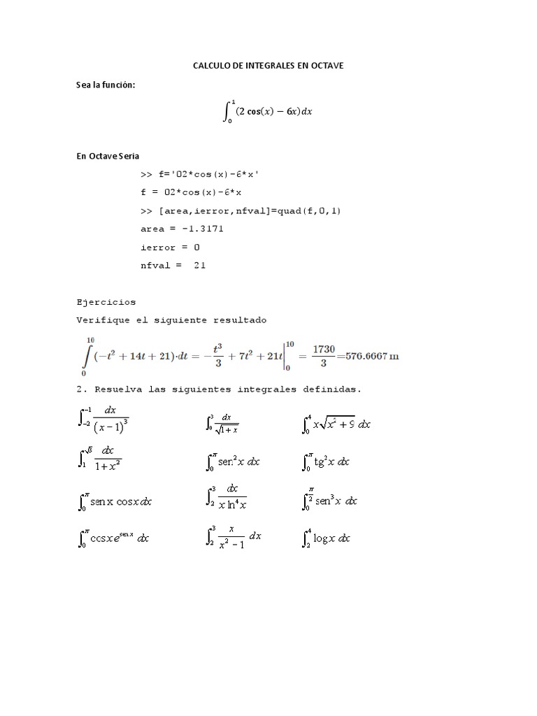 Integrales en Octave: Guía Rápida | PDF
