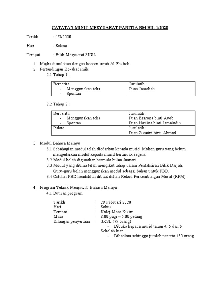 Catatan Minit Mesyuarat Panitia BM Bil 1 | PDF