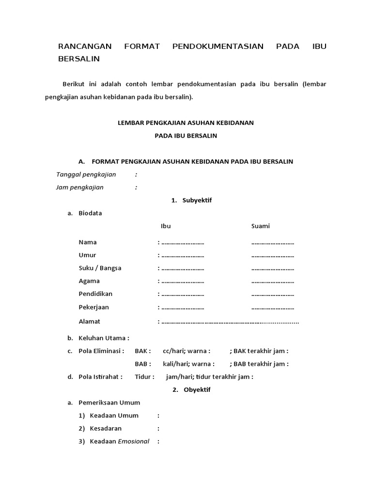 Rancangan Format Pendokumentasian Pada Ibu Bersalin | PDF