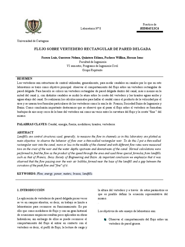 Lab 8. Flujo Sobre Vertedero Rectangular de Pared Delgada | PDF | Geografía Física | Hidrología