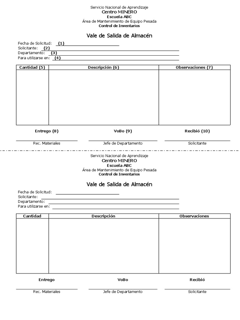 Formato De Vale De Salida De Almacén Pdf