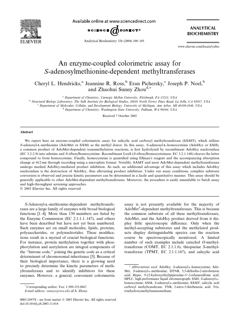 An Enzyme-Coupled Colorimetric Assay For S-Adenosylmethionine-Dependent ...