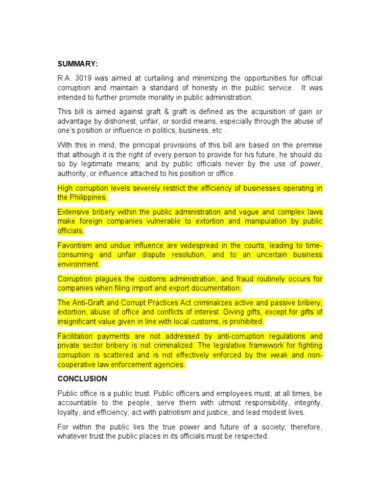 RA 3019 NARRATIVE SUMMARY 1 Version 2 | PDF | Corruption | Political ...