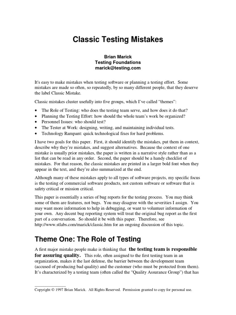 Classic Testing Mistakes: Theme One: The Role of Testing | PDF