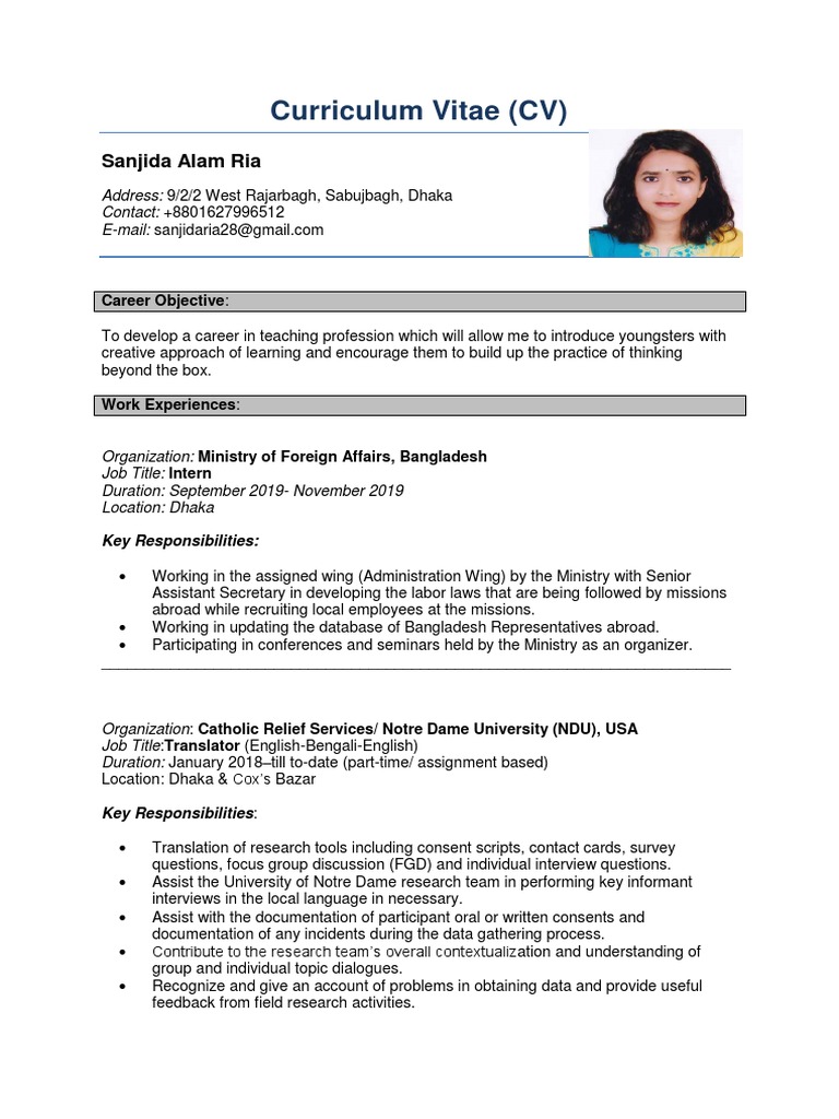 Sanjida Alam Ria CV | PDF | Dhaka | World Politics