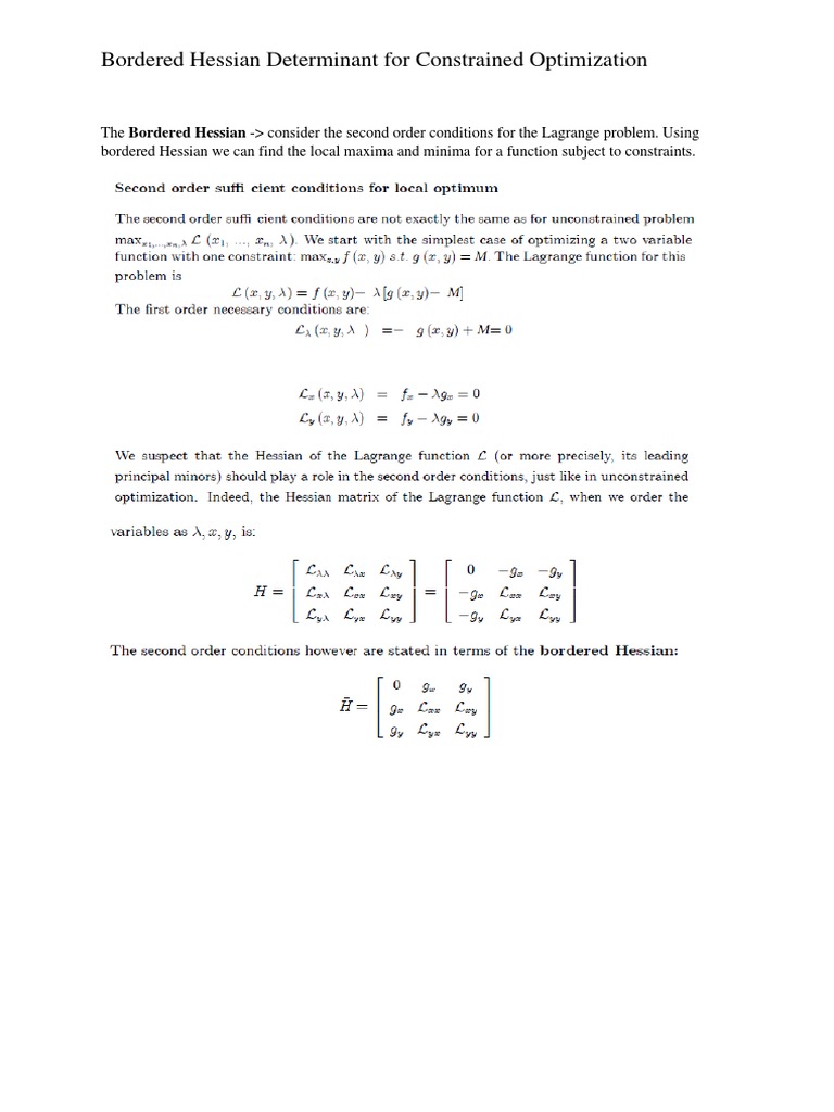 The Bordered Hessian Determinant For Constrained Optimization | PDF The Bordered Hessian Determinant For Constrained Optimization | PDF