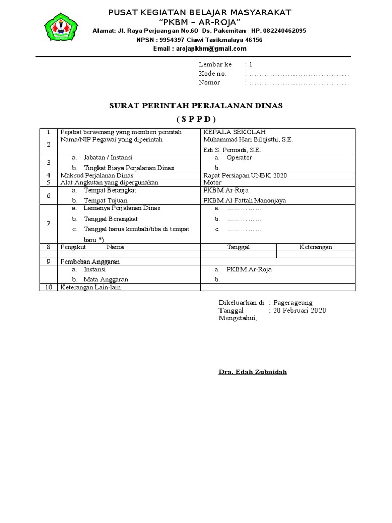 Contoh SPPD Perjalanan Dinas Sekolah | PDF