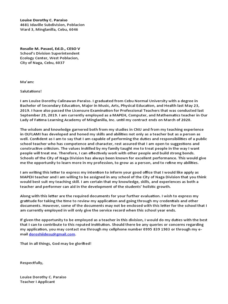 Application Letter | PDF | Teachers | Cognition