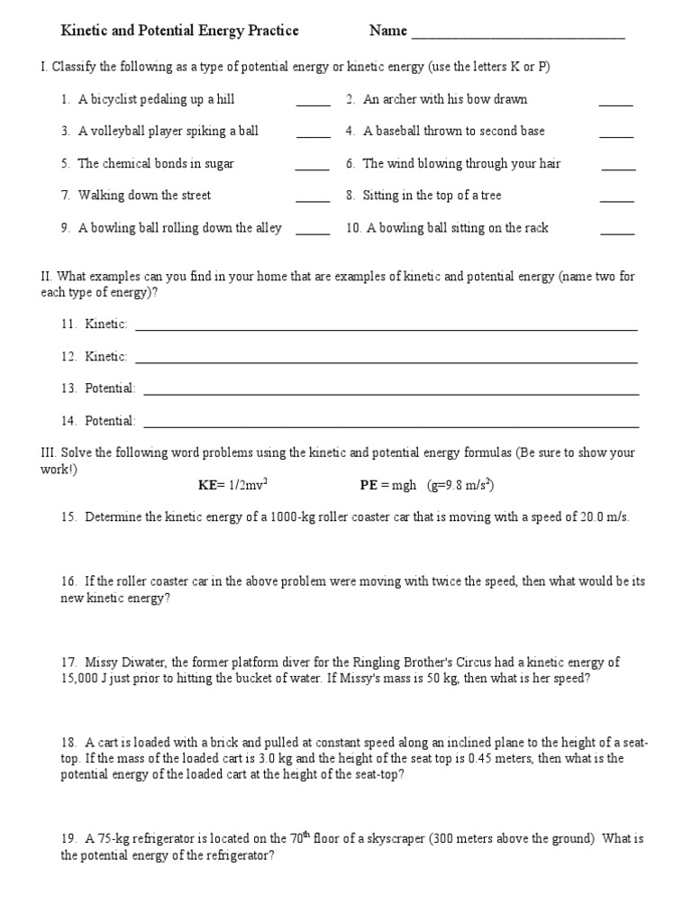 Ke & Pe Practice | PDF | Kinetic Energy | Potential Energy
