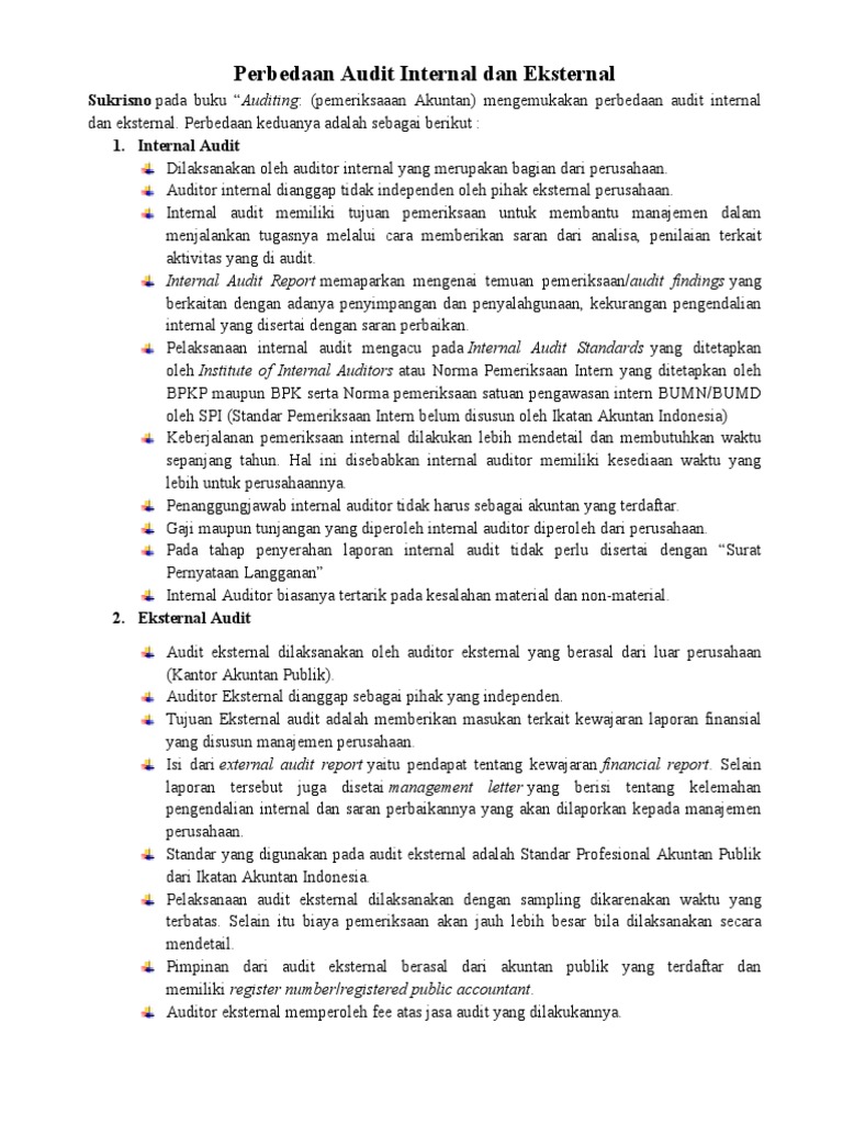Perbedaan Audit Internal Dan Eksternal (UTS AUDIT INTERNAL) | PDF
