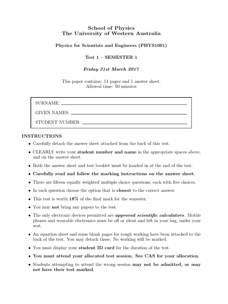 PHYS1001 Test 1 Instructions and Questions | PDF | Force | Tension ...